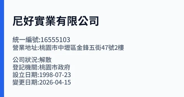 尼好實業有限公司的照片-統編 16555103(桃園市) 公司登記資料與營業項目詳細圖表