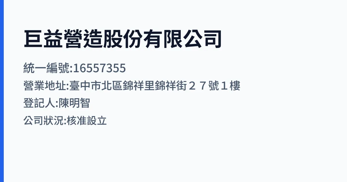 巨益營造股份有限公司 - 統編 16557355(臺中市) 公司登記資料與營業項目詳細圖表