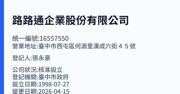 路路通企業股份有限公司的照片-統編 16557550(臺中市) 公司登記資料與營業項目詳細圖表
