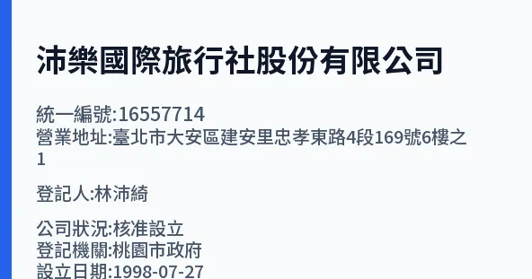 沛樂國際旅行社股份有限公司的照片-統編 16557714(臺北市) 公司登記資料與營業項目詳細圖表