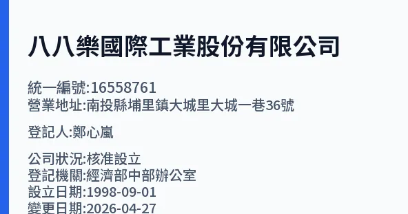 八八樂國際工業股份有限公司的照片-統編 16558761(南投縣) 公司登記資料與營業項目詳細圖表