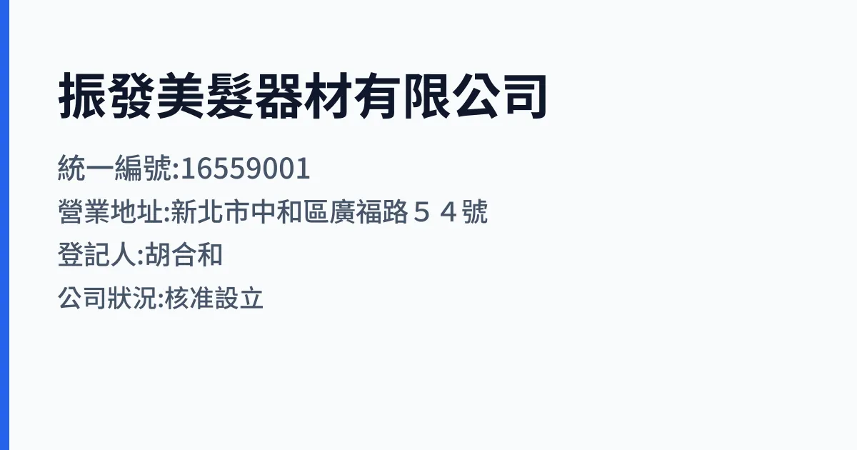 振發美髮器材有限公司 - 統編 16559001(新北市) 公司登記資料與營業項目詳細圖表
