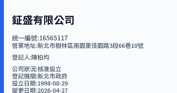 鉦盛有限公司的照片-統編 16565117(新北市) 公司登記資料與營業項目詳細圖表