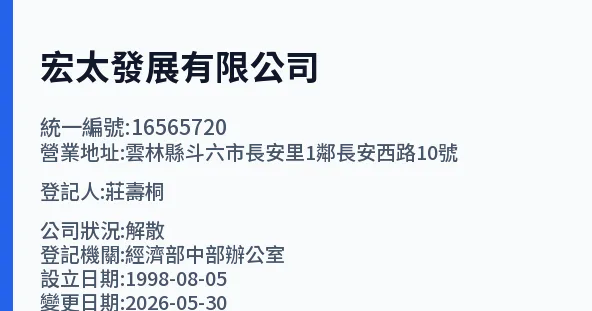 宏太發展有限公司的照片-統編 16565720(雲林縣) 公司登記資料與營業項目詳細圖表