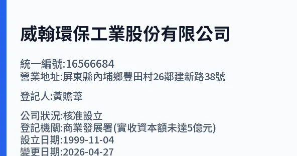 威翰環保工業股份有限公司的照片-統編 16566684(屏東縣) 公司登記資料與營業項目詳細圖表