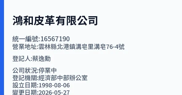 鴻和皮革有限公司的照片-統編 16567190(雲林縣) 公司登記資料與營業項目詳細圖表