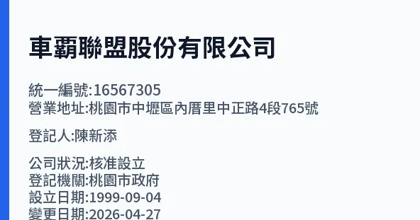 車覇聯盟股份有限公司的照片-統編 16567305(桃園市) 公司登記資料與營業項目詳細圖表