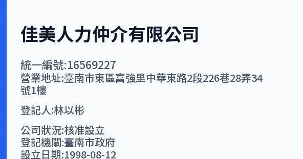佳美人力仲介有限公司的照片-統編 16569227(臺南市) 公司登記資料與營業項目詳細圖表