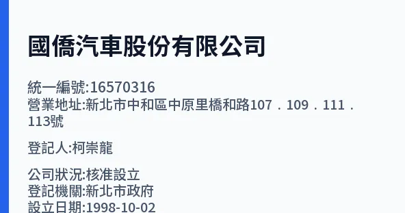 國僑汽車股份有限公司的照片-統編 16570316(新北市) 公司登記資料與營業項目詳細圖表