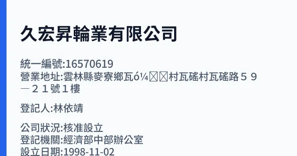 久宏昇輪業有限公司的照片-統編 16570619(雲林縣) 公司登記資料與營業項目詳細圖表