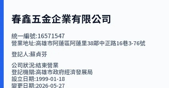 春鑫五金企業有限公司的照片-統編 16571547(高雄市) 公司登記資料與營業項目詳細圖表