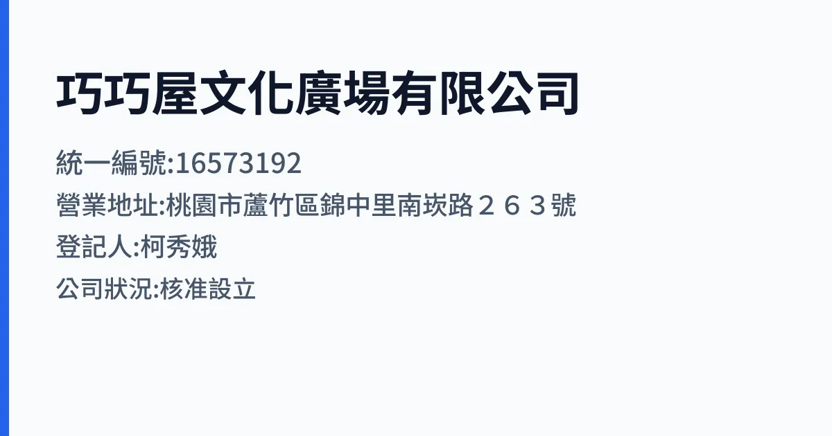 巧巧屋文化廣場有限公司 - 統編 16573192(桃園市) 公司登記資料與營業項目詳細圖表