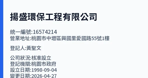 揚盛環保工程有限公司的照片-統編 16574214(桃園市) 公司登記資料與營業項目詳細圖表