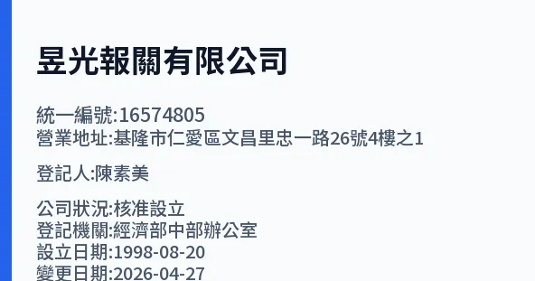 昱光報關有限公司的照片-統編 16574805(基隆市) 公司登記資料與營業項目詳細圖表