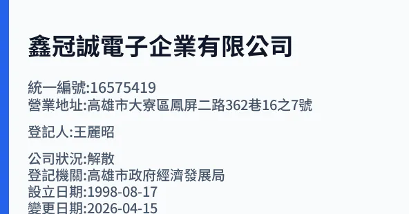 鑫冠誠電子企業有限公司的照片-統編 16575419(高雄市) 公司登記資料與營業項目詳細圖表