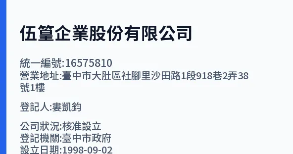 伍篁企業股份有限公司的照片-統編 16575810(臺中市) 公司登記資料與營業項目詳細圖表