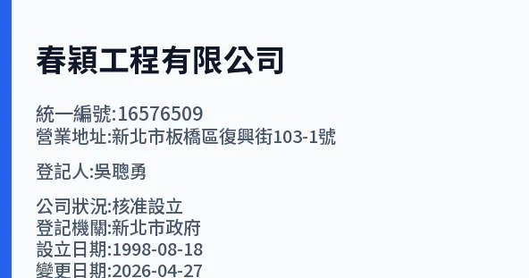 春穎工程有限公司的照片-統編 16576509(新北市) 公司登記資料與營業項目詳細圖表