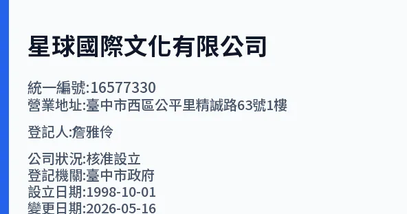 星球國際文化有限公司的照片-統編 16577330(臺中市) 公司登記資料與營業項目詳細圖表