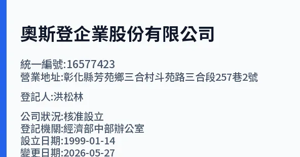 奧斯登企業股份有限公司的照片-統編 16577423(彰化縣) 公司登記資料與營業項目詳細圖表