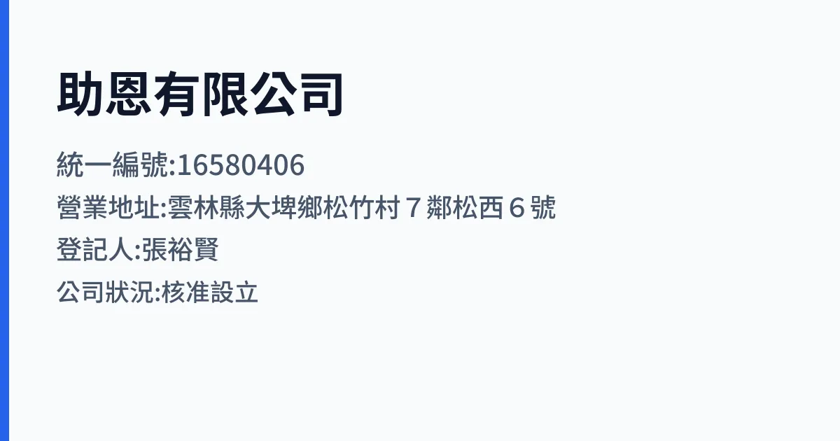 助恩有限公司 - 統編 16580406(雲林縣) 公司登記資料與營業項目詳細圖表