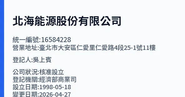 北海能源股份有限公司的照片-統編 16584228(臺北市) 公司登記資料與營業項目詳細圖表