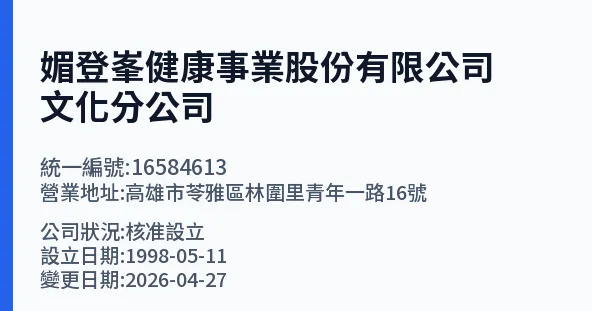 媚登峯健康事業股份有限公司文化分公司的照片-統編 16584613(高雄市) 公司登記資料與營業項目詳細圖表