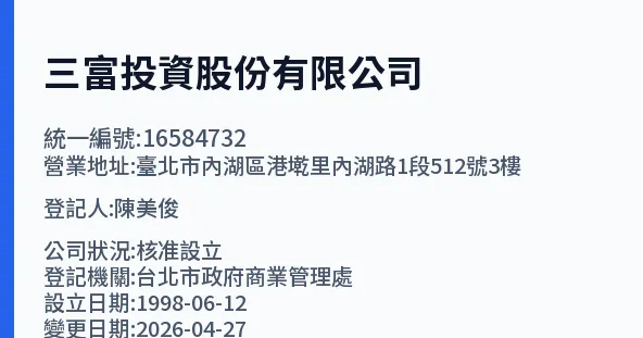 三富投資股份有限公司的照片-統編 16584732(臺北市) 公司登記資料與營業項目詳細圖表