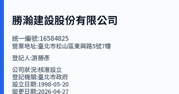 勝瀚建設股份有限公司的照片-統編 16584825(臺北市) 公司登記資料與營業項目詳細圖表