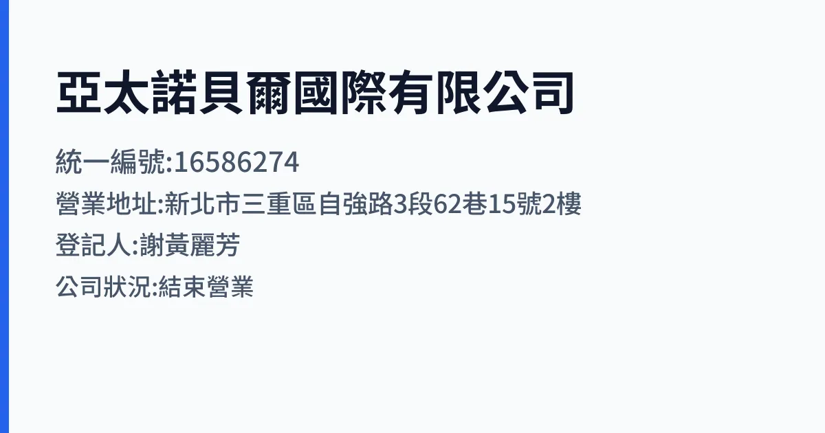 亞太諾貝爾國際有限公司 - 統編 16586274(新北市) 公司登記資料與營業項目詳細圖表