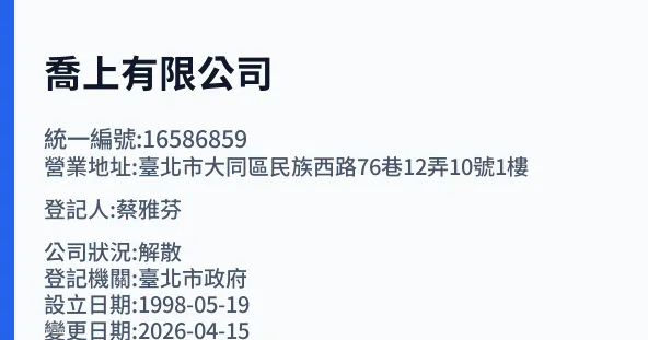 喬上有限公司的照片-統編 16586859(臺北市) 公司登記資料與營業項目詳細圖表