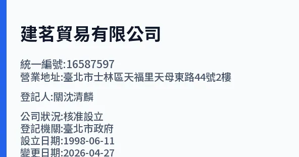 建茗貿易有限公司的照片-統編 16587597(臺北市) 公司登記資料與營業項目詳細圖表