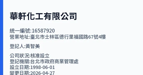 華軒化工有限公司的照片-統編 16587920(臺北市) 公司登記資料與營業項目詳細圖表