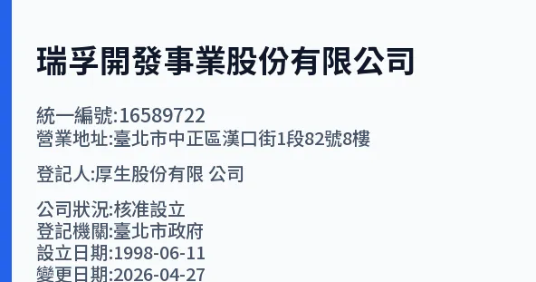 瑞孚開發事業股份有限公司的照片-統編 16589722(臺北市) 公司登記資料與營業項目詳細圖表