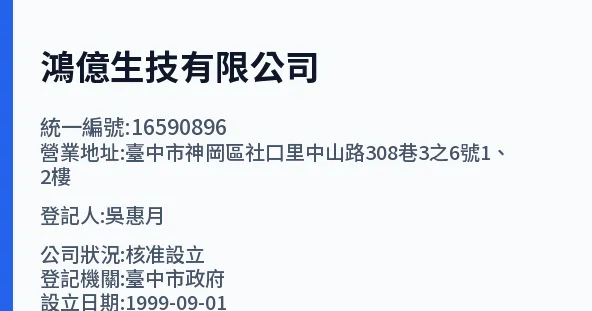 鴻億生技有限公司的照片-統編 16590896(臺中市) 公司登記資料與營業項目詳細圖表