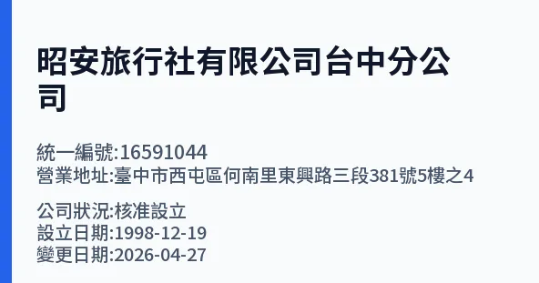 昭安旅行社有限公司台中分公司的照片-統編 16591044(臺中市) 公司登記資料與營業項目詳細圖表