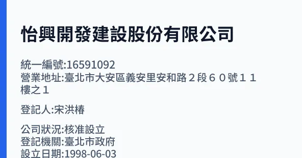 怡興開發建設股份有限公司的照片-統編 16591092(臺北市) 公司登記資料與營業項目詳細圖表