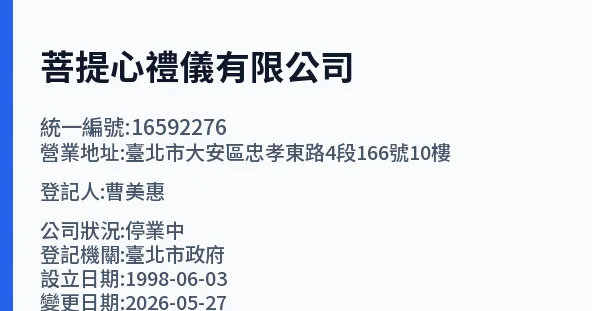 菩提心禮儀有限公司的照片-統編 16592276(臺北市) 公司登記資料與營業項目詳細圖表