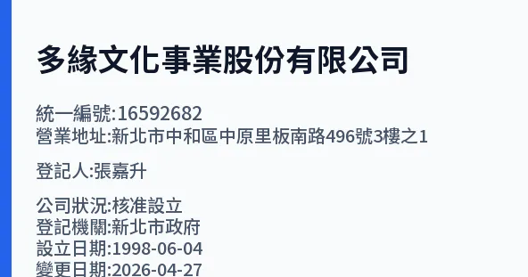 多緣文化事業股份有限公司的照片-統編 16592682(新北市) 公司登記資料與營業項目詳細圖表