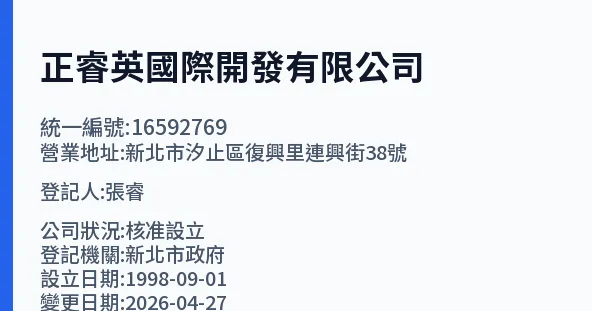 正睿英國際開發有限公司的照片-統編 16592769(新北市) 公司登記資料與營業項目詳細圖表