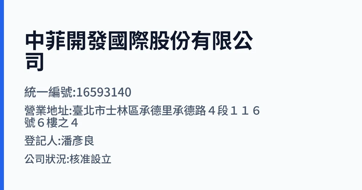 中菲開發國際股份有限公司 - 統編 16593140(臺北市) 公司登記資料與營業項目詳細圖表