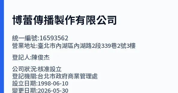 博蕾傳播製作有限公司的照片-統編 16593562(臺北市) 公司登記資料與營業項目詳細圖表
