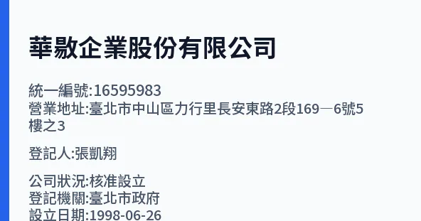 華敭企業股份有限公司的照片-統編 16595983(臺北市) 公司登記資料與營業項目詳細圖表