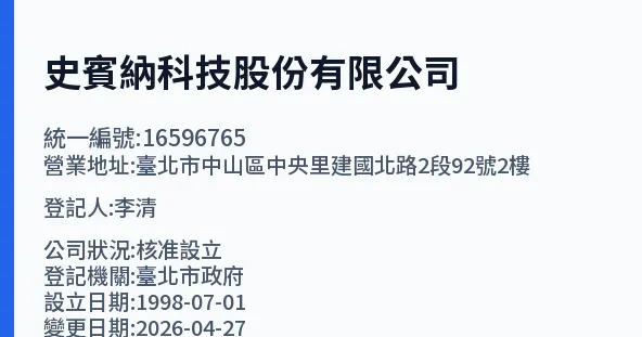 史賓納科技股份有限公司的照片-統編 16596765(臺北市) 公司登記資料與營業項目詳細圖表