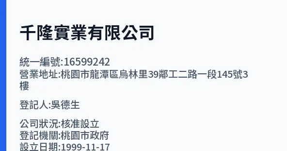 千隆實業有限公司的照片-統編 16599242(桃園市) 公司登記資料與營業項目詳細圖表
