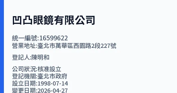凹凸眼鏡有限公司的照片-統編 16599622(臺北市) 公司登記資料與營業項目詳細圖表