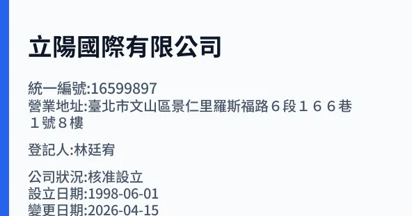 立陽國際有限公司的照片-統編 16599897(臺北市) 公司登記資料與營業項目詳細圖表