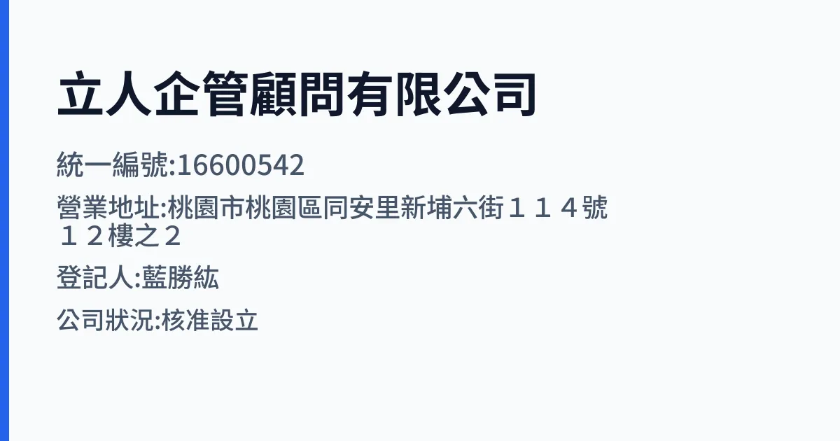 立人企管顧問有限公司 - 統編 16600542(桃園市) 公司登記資料與營業項目詳細圖表