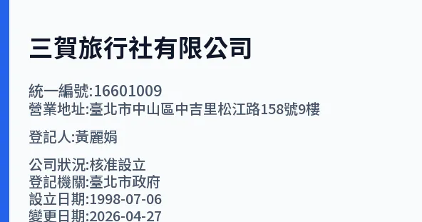 三賀旅行社有限公司的照片-統編 16601009(臺北市) 公司登記資料與營業項目詳細圖表