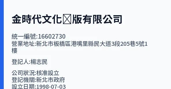 金時代文化岀版有限公司的照片-統編 16602730(新北市) 公司登記資料與營業項目詳細圖表