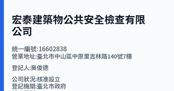 宏泰建築物公共安全檢查有限公司的照片-統編 16602838(臺北市) 公司登記資料與營業項目詳細圖表